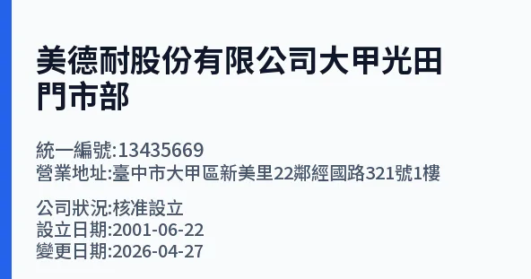 美德耐股份有限公司大甲光田門市部的照片-統編 13435669(臺中市) 公司登記資料與營業項目詳細圖表