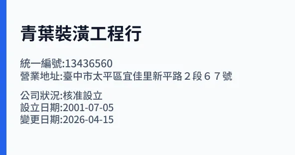青葉裝潢工程行的照片-統編 13436560(臺中市) 公司登記資料與營業項目詳細圖表