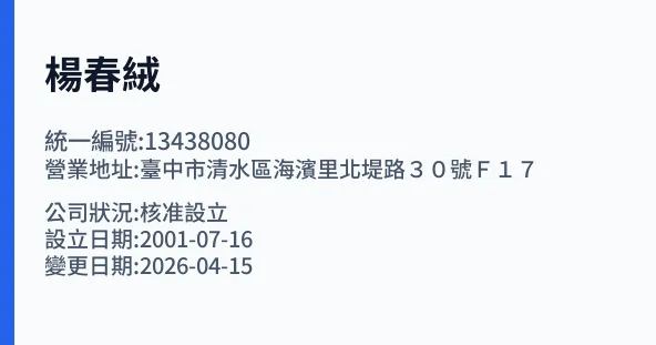 楊春絨 - 統編 13438080(臺中市) 公司登記資料與營業項目詳細圖表