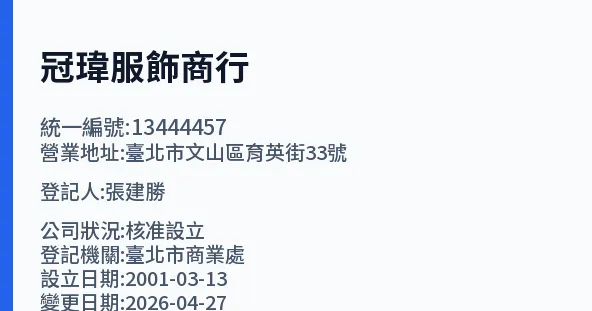 冠瑋服飾商行的照片-統編 13444457(臺北市) 公司登記資料與營業項目詳細圖表