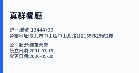 真群餐廳的照片-統編 13444739(臺北市) 公司登記資料與營業項目詳細圖表