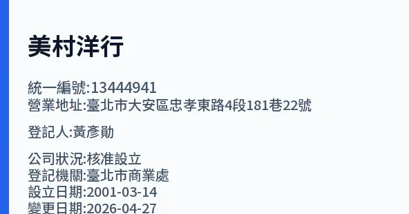 美村洋行的照片-統編 13444941(臺北市) 公司登記資料與營業項目詳細圖表