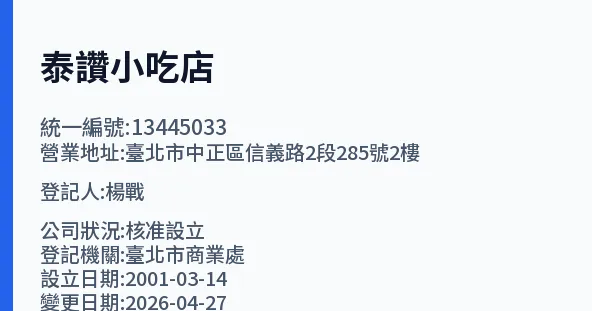 泰讚小吃店的照片-統編 13445033(臺北市) 公司登記資料與營業項目詳細圖表