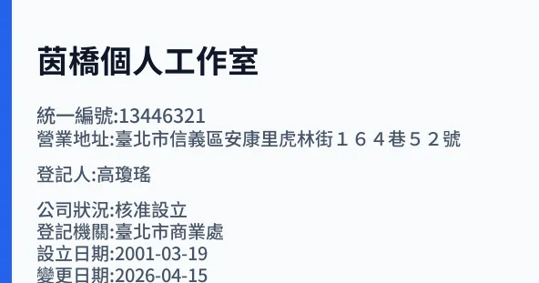 茵橋個人工作室的照片-統編 13446321(臺北市) 公司登記資料與營業項目詳細圖表