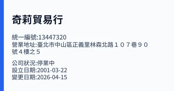 奇莉貿易行的照片-統編 13447320(臺北市) 公司登記資料與營業項目詳細圖表