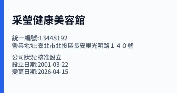 采瑩健康美容館的照片-統編 13448192(臺北市) 公司登記資料與營業項目詳細圖表