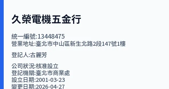 久榮電機五金行的照片-統編 13448475(臺北市) 公司登記資料與營業項目詳細圖表