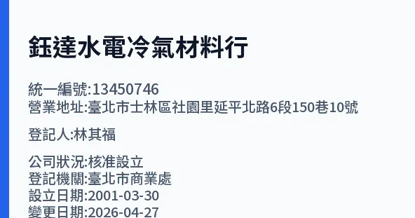 鈺達水電冷氣材料行的照片-統編 13450746(臺北市) 公司登記資料與營業項目詳細圖表