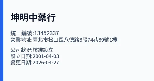 坤明中藥行的照片-統編 13452337(臺北市) 公司登記資料與營業項目詳細圖表