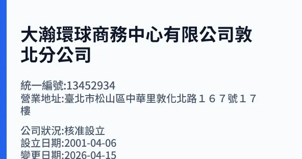 大瀚環球商務中心有限公司敦北分公司的照片-統編 13452934(臺北市) 公司登記資料與營業項目詳細圖表