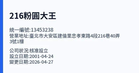 216粉圓大王的照片-統編 13453238(臺北市) 公司登記資料與營業項目詳細圖表