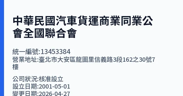 中華民國汽車貨運商業同業公會全國聯合會的照片-統編 13453384(臺北市) 公司登記資料與營業項目詳細圖表