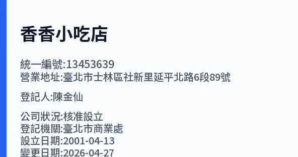 香香小吃店的照片-統編 13453639(臺北市) 公司登記資料與營業項目詳細圖表