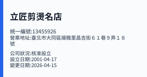立匠剪燙名店的照片-統編 13455926(臺北市) 公司登記資料與營業項目詳細圖表