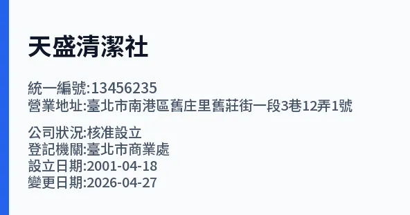 天盛清潔社的照片-統編 13456235(臺北市) 公司登記資料與營業項目詳細圖表