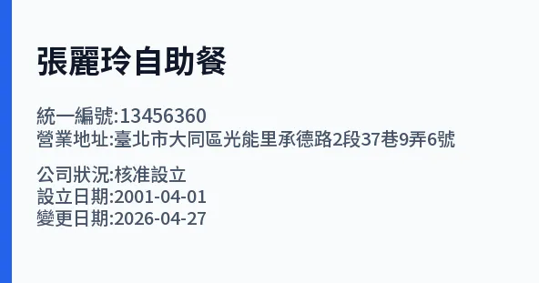 張麗玲自助餐的照片-統編 13456360(臺北市) 公司登記資料與營業項目詳細圖表