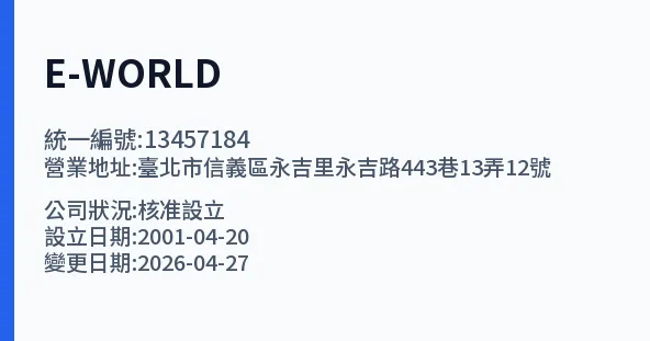 E-WORLD的照片-統編 13457184(臺北市) 公司登記資料與營業項目詳細圖表