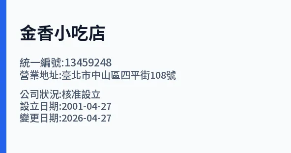 金香小吃店的照片-統編 13459248(臺北市) 公司登記資料與營業項目詳細圖表