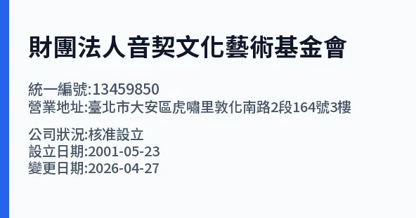 財團法人音契文化藝術基金會的照片-統編 13459850(臺北市) 公司登記資料與營業項目詳細圖表
