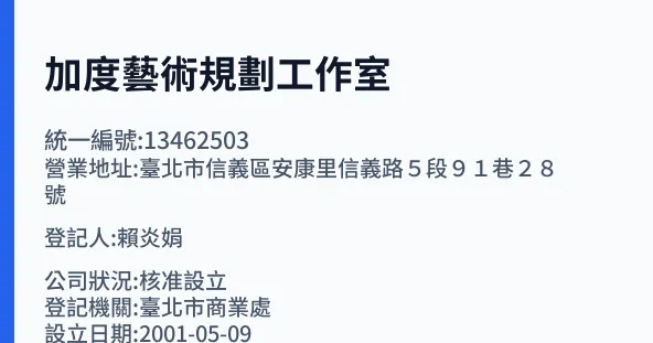 加度藝術規劃工作室的照片-統編 13462503(臺北市) 公司登記資料與營業項目詳細圖表