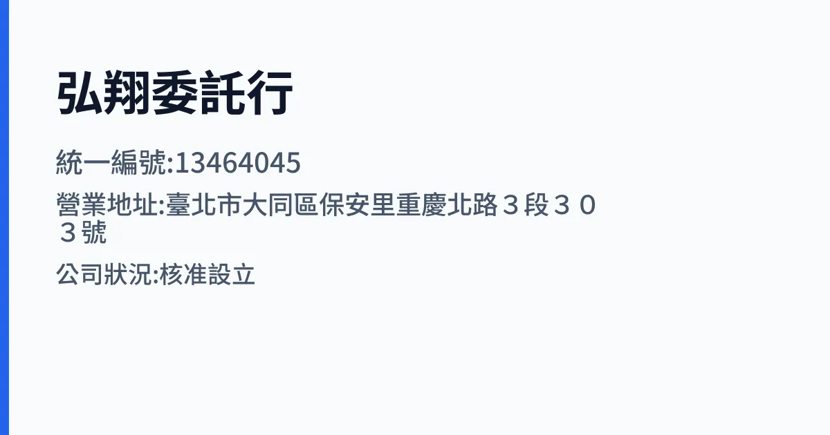 弘翔委託行 - 統編 13464045(臺北市) 公司登記資料與營業項目詳細圖表
