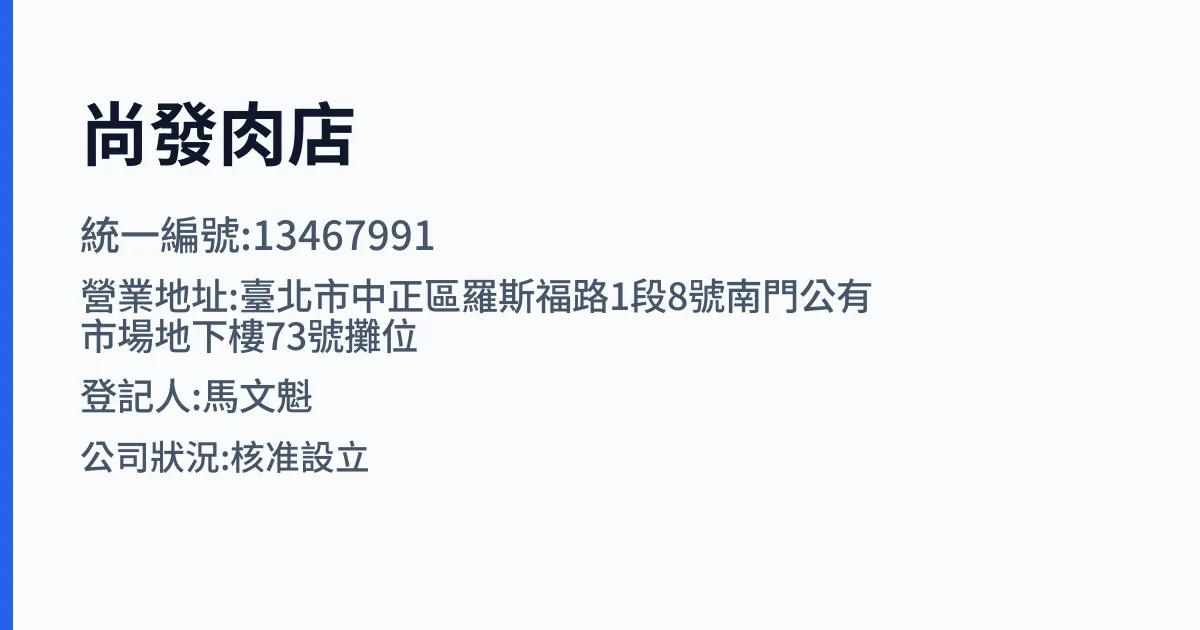 尚發肉店 - 統編 13467991(臺北市) 公司登記資料與營業項目詳細圖表