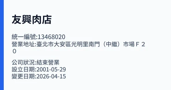 友興肉店的照片-統編 13468020(臺北市) 公司登記資料與營業項目詳細圖表