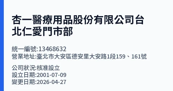 杏一醫療用品股份有限公司台北仁愛門市部的照片-統編 13468632(臺北市) 公司登記資料與營業項目詳細圖表