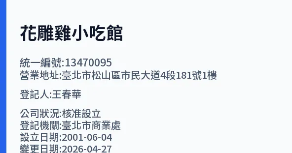花雕雞小吃館的照片-統編 13470095(臺北市) 公司登記資料與營業項目詳細圖表