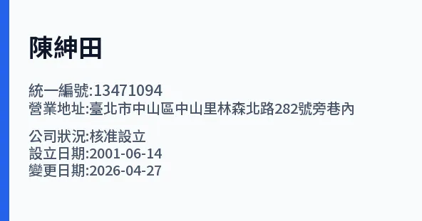陳紳田的照片-統編 13471094(臺北市) 公司登記資料與營業項目詳細圖表
