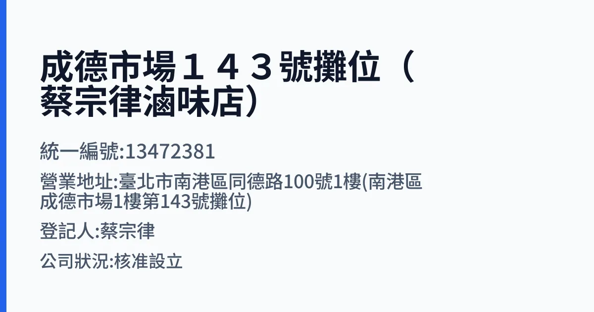 成德市場143號攤位(蔡宗律滷味店) - 統編 13472381(臺北市) 公司登記資料與營業項目詳細圖表