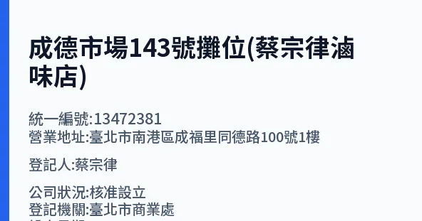 成德市場143號攤位(蔡宗律滷味店)的照片-統編 13472381(臺北市) 公司登記資料與營業項目詳細圖表