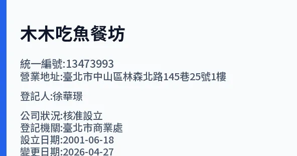木木吃魚餐坊的照片-統編 13473993(臺北市) 公司登記資料與營業項目詳細圖表