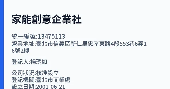 家能創意企業社的照片-統編 13475113(臺北市) 公司登記資料與營業項目詳細圖表