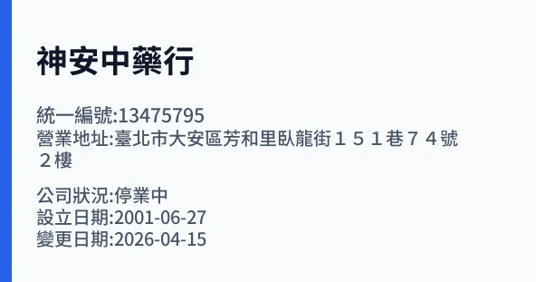 神安中藥行的照片-統編 13475795(臺北市) 公司登記資料與營業項目詳細圖表