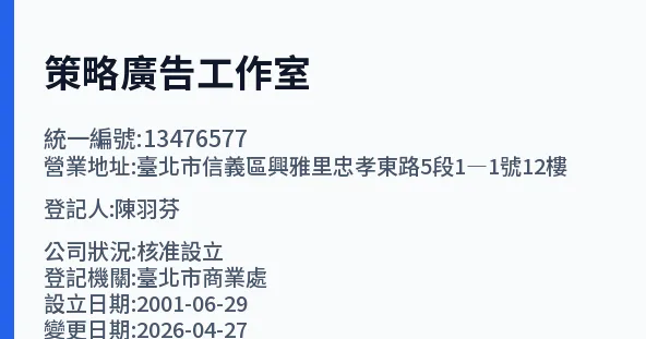 策略廣告工作室的照片-統編 13476577(臺北市) 公司登記資料與營業項目詳細圖表