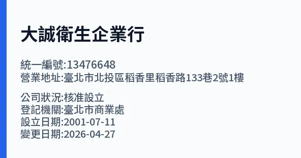 大誠衛生企業行的照片-統編 13476648(臺北市) 公司登記資料與營業項目詳細圖表
