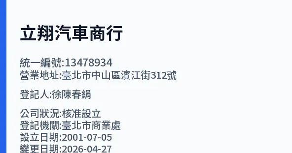 立翔汽車商行的照片-統編 13478934(臺北市) 公司登記資料與營業項目詳細圖表