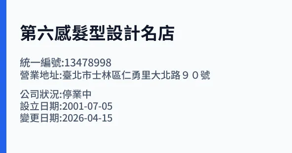 第六感髮型設計名店的照片-統編 13478998(臺北市) 公司登記資料與營業項目詳細圖表