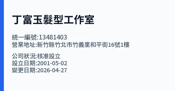 丁富玉髮型工作室的照片-統編 13481403(新竹縣) 公司登記資料與營業項目詳細圖表