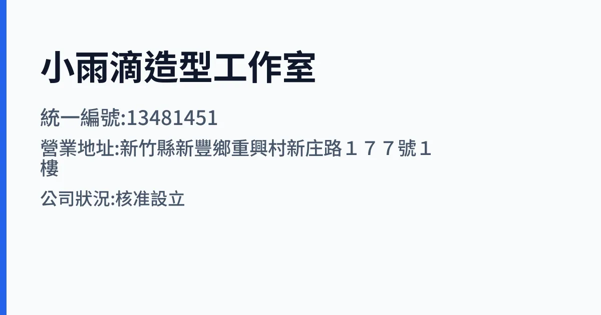 小雨滴造型工作室 - 統編 13481451(新竹縣) 公司登記資料與營業項目詳細圖表