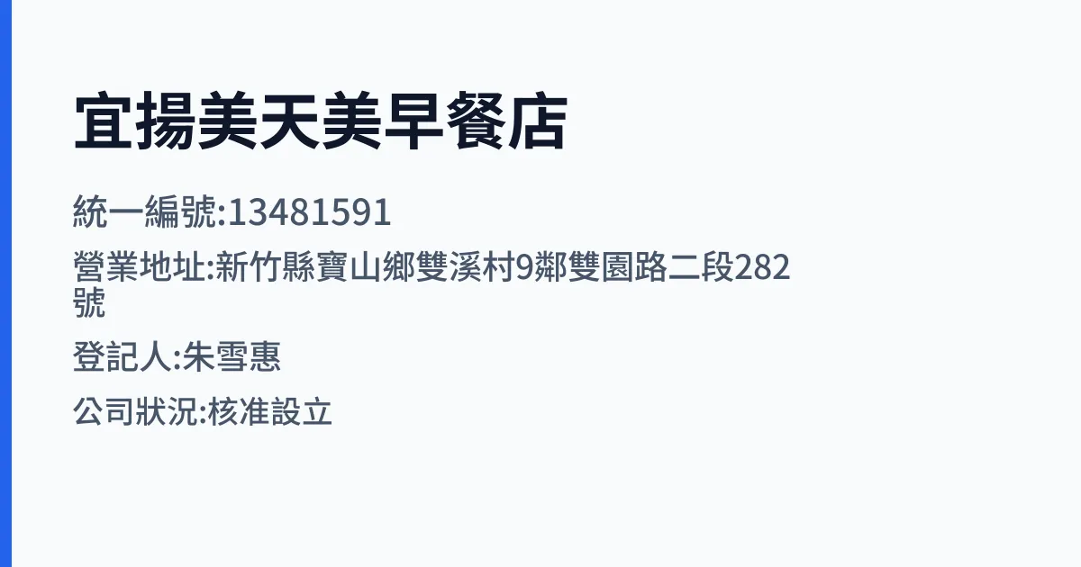 宜揚美天美早餐店 - 統編 13481591(新竹縣) 公司登記資料與營業項目詳細圖表