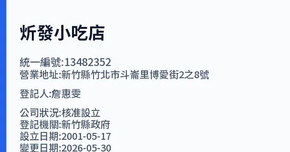 炘發小吃店的照片-統編 13482352(新竹縣) 公司登記資料與營業項目詳細圖表