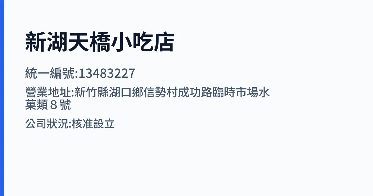 新湖天橋小吃店 - 統編 13483227(新竹縣) 公司登記資料與營業項目詳細圖表