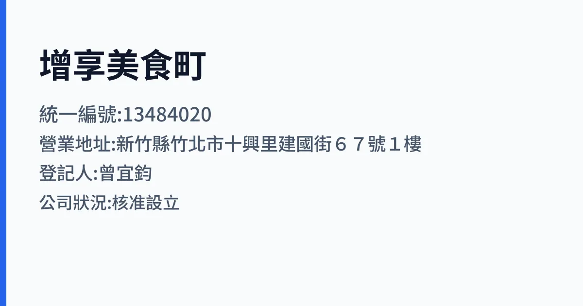 增享美食町 - 統編 13484020(新竹縣) 公司登記資料與營業項目詳細圖表