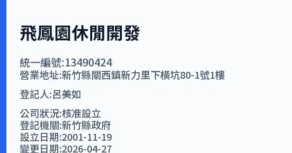 飛鳳園休閒開發的照片-統編 13490424(新竹縣) 公司登記資料與營業項目詳細圖表