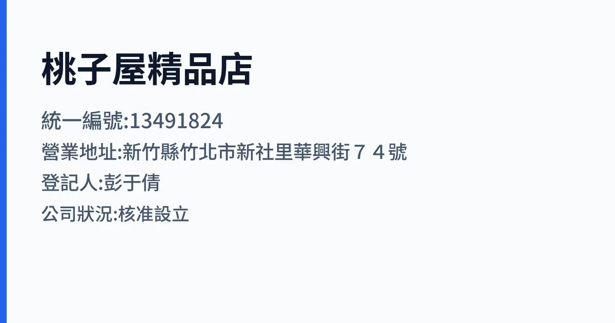 桃子屋精品店 - 統編 13491824(新竹縣) 公司登記資料與營業項目詳細圖表