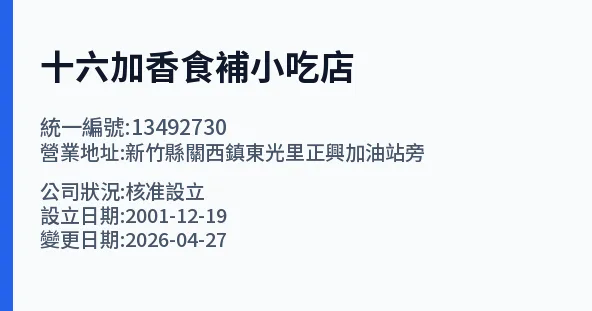 十六加香食補小吃店的照片-統編 13492730(新竹縣) 公司登記資料與營業項目詳細圖表