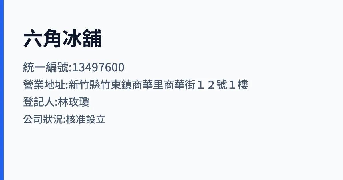 六角冰舖 - 統編 13497600(新竹縣) 公司登記資料與營業項目詳細圖表