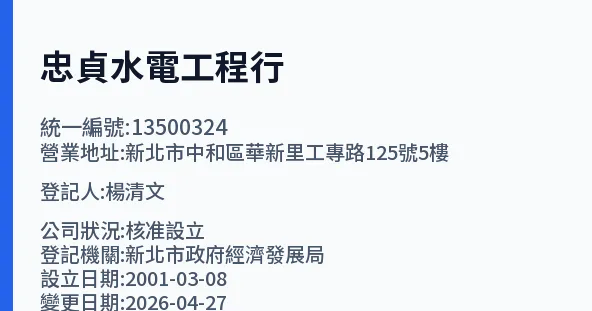 忠貞水電工程行的照片-統編 13500324(新北市) 公司登記資料與營業項目詳細圖表